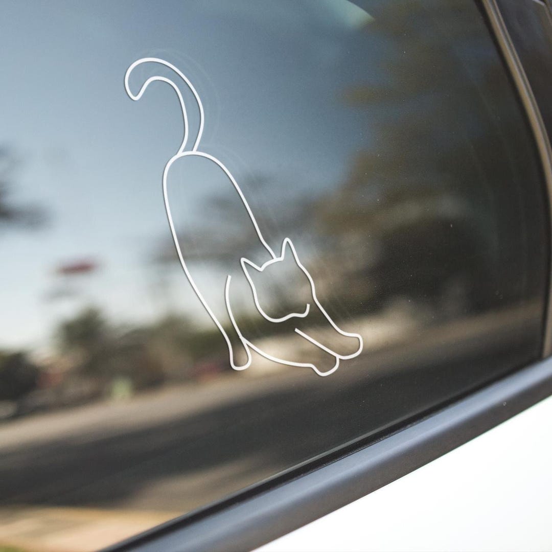 Stretching Cat Line Art Car Decal – Minimalist Kitty Vinyl Sticker for ...