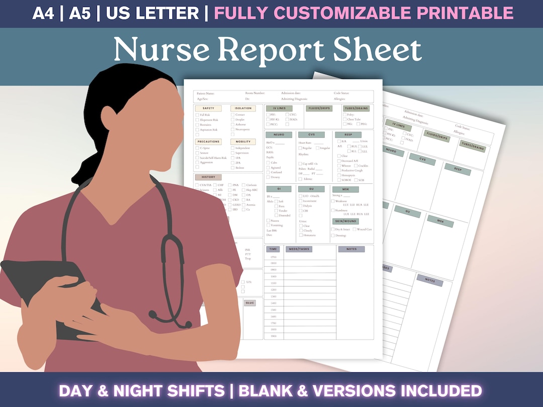 Nurse Report Sheet Printable, Customizable Patient Report, Day & Night ...