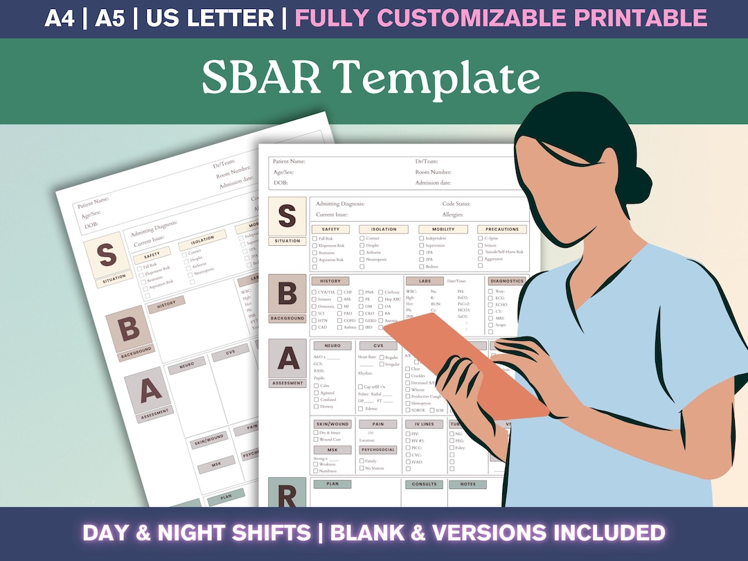 SBAR Template Printable, Customizable Nursing Report Sheet, A4/A5/US ...