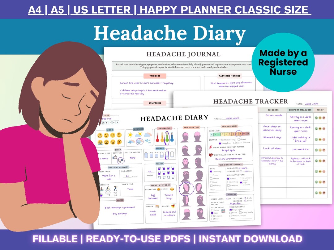 Headache Tracker Printable PDF — Headache & Migraine Log, Symptom ...