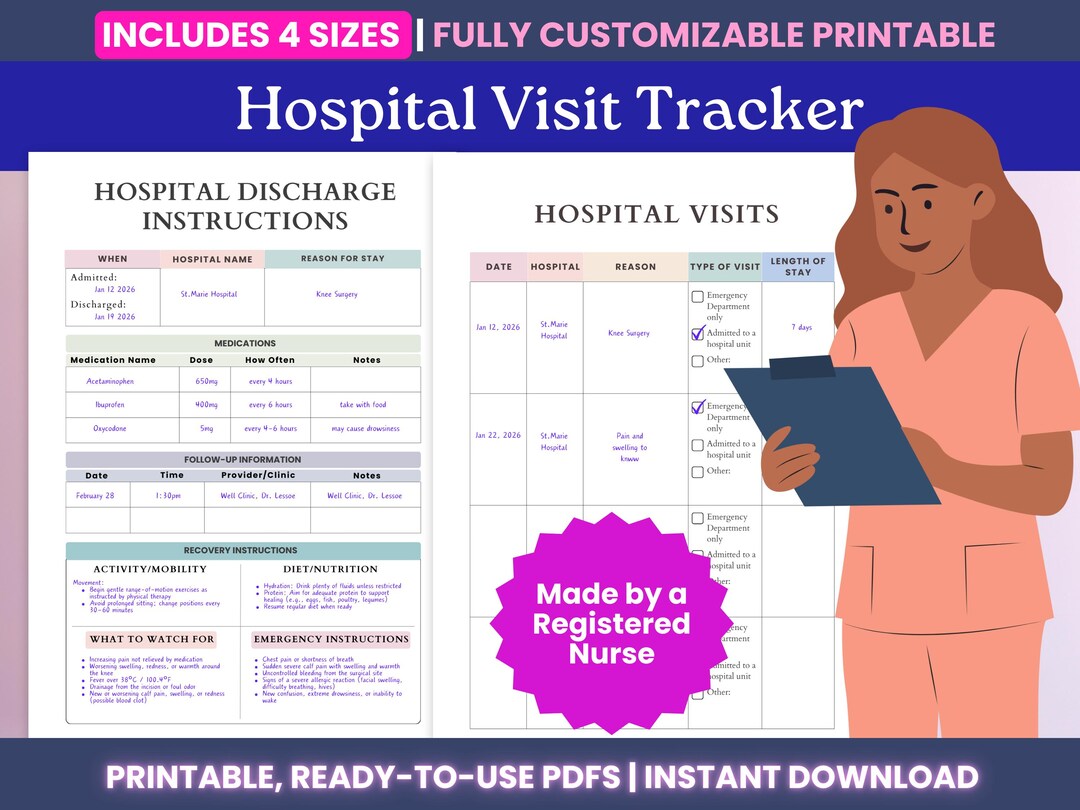 Hospital Visit Tracker and Discharge Printable PDF - Editable Medical ...