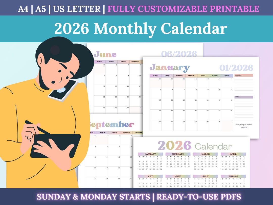 2026 Monthly Calendar Printable (sunday & Monday Start) - Minimalist ...