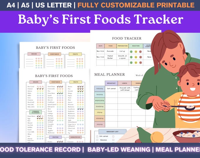 Baby Food Tracker Printable | First 100 Foods Checklist | Meal Planner ...
