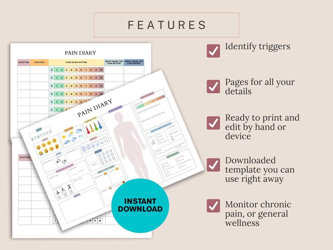 Pain Tracker Printable PDF — Headache & Migraine Log, Symptom Tracker ...
