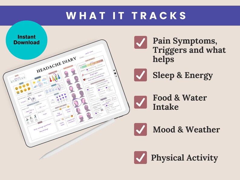 Headache Tracker Printable PDF — Headache & Migraine Log, Symptom ...