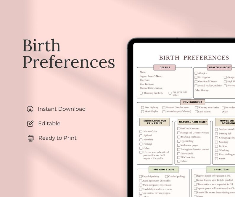 Editable Birth Preferences Guide | Birth Plan Template | Pregnancy ...