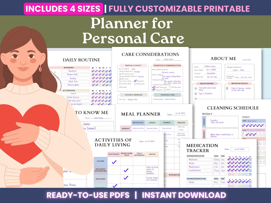 Personal Care Planner Printable PDF - Editable Caregiver Checklist ...