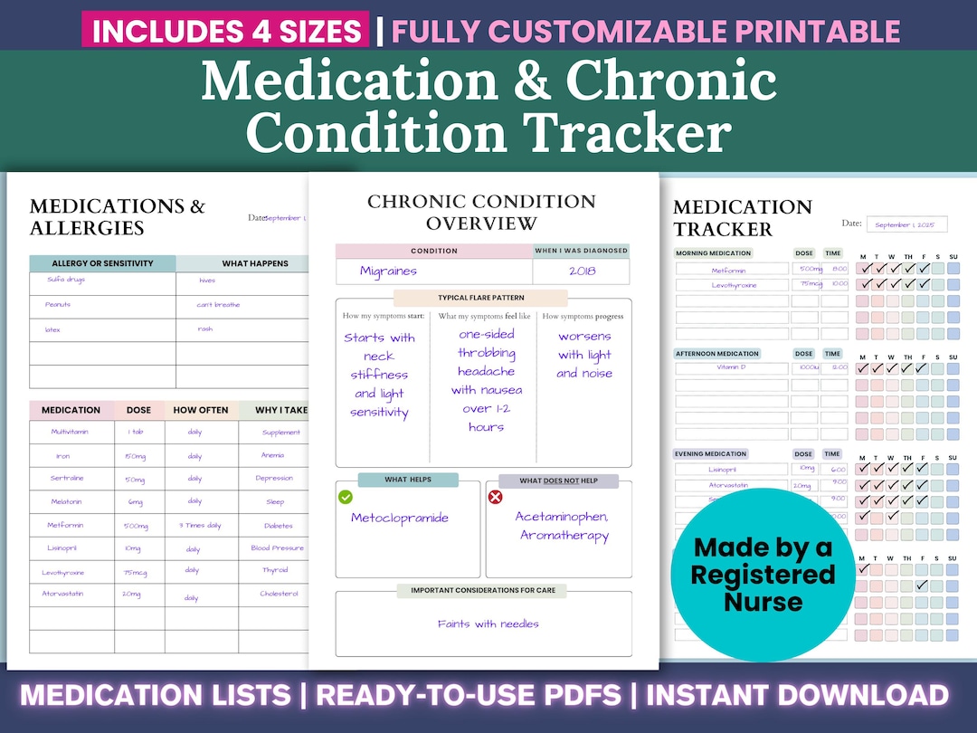 Medication List and Chronic Condition Tracker Printable PDF - Editable ...
