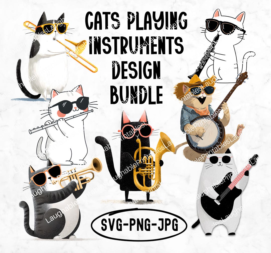 Cartoon Cats Playing Instruments Designs, Funny Guitar Trombone Tuba ...