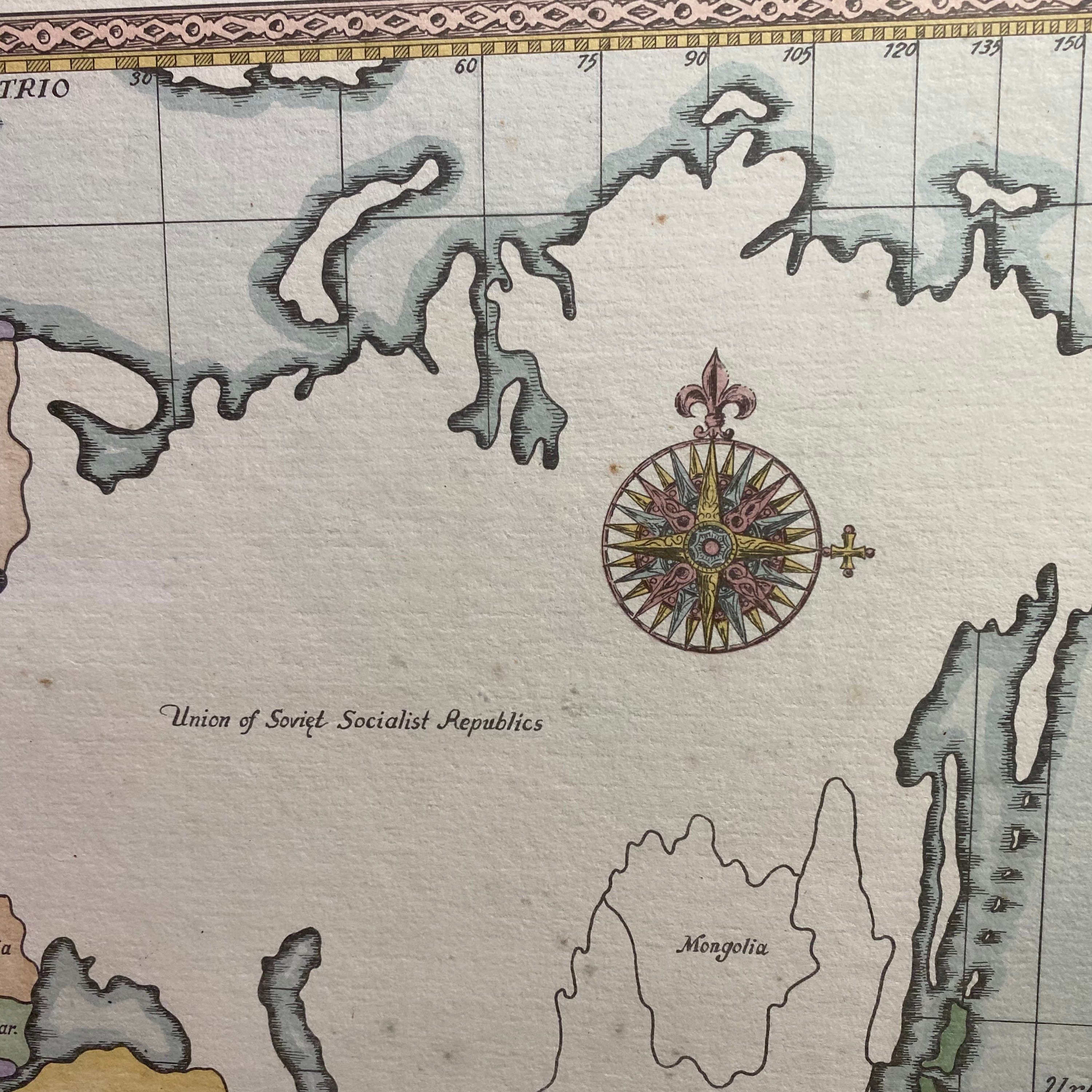 Antique World Map Etching Handcolored Framed Behind Glass - Etsy