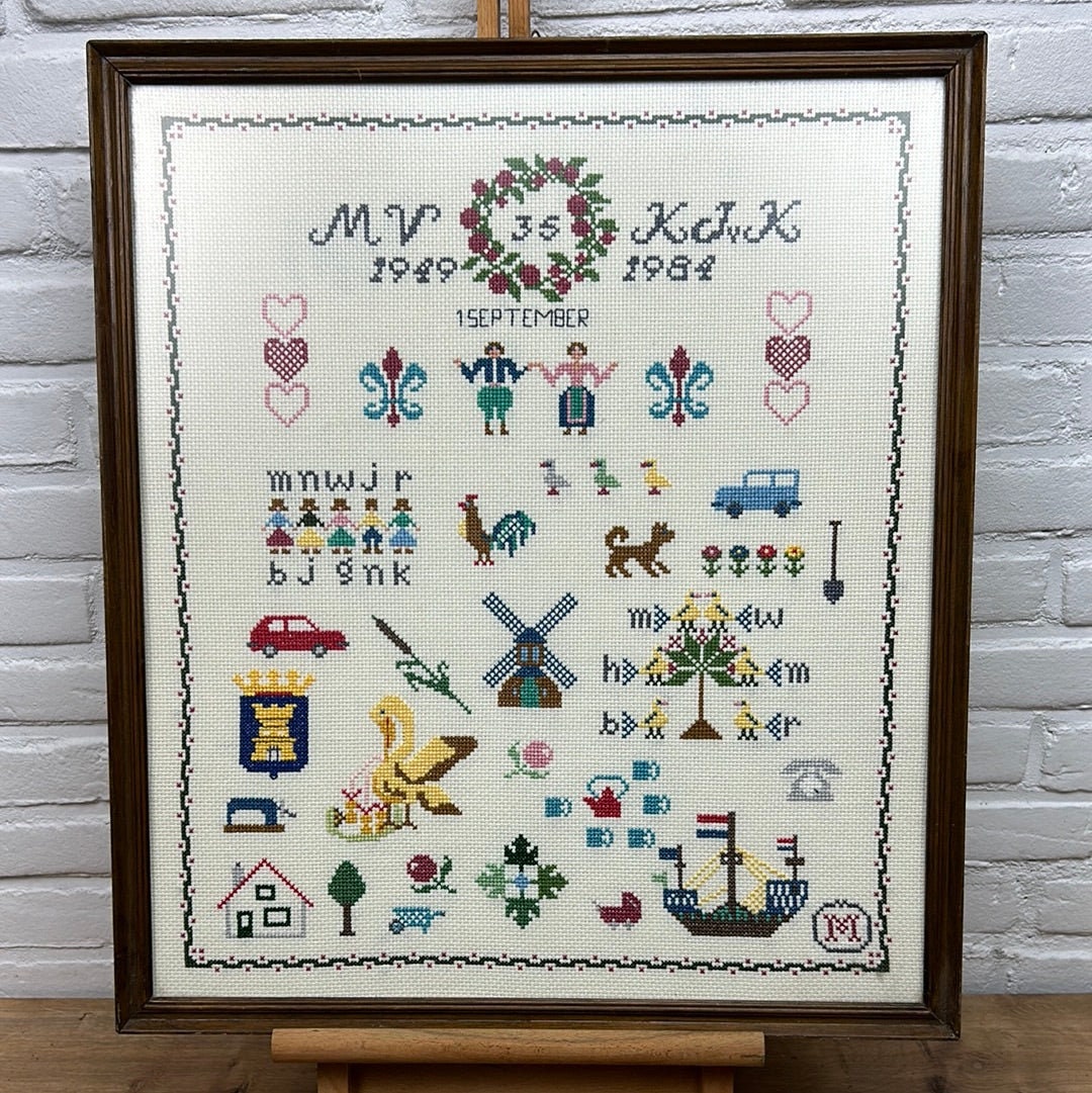 Large Vintage Dutch Sampler 1983 in Wooden Frame and Matted Glass ...