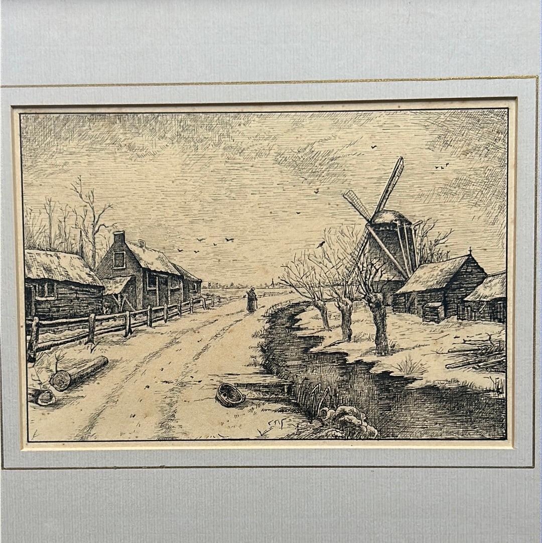 Black Pen Ink Drawing of Dutch Landscape - Etsy