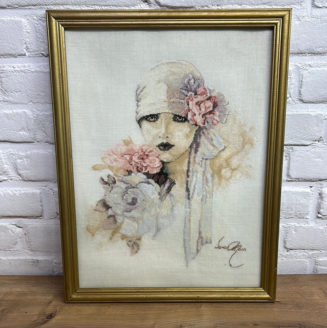 Vintage Sara Moon Portait Embroidery Floral Embroidery Cottonwork ...