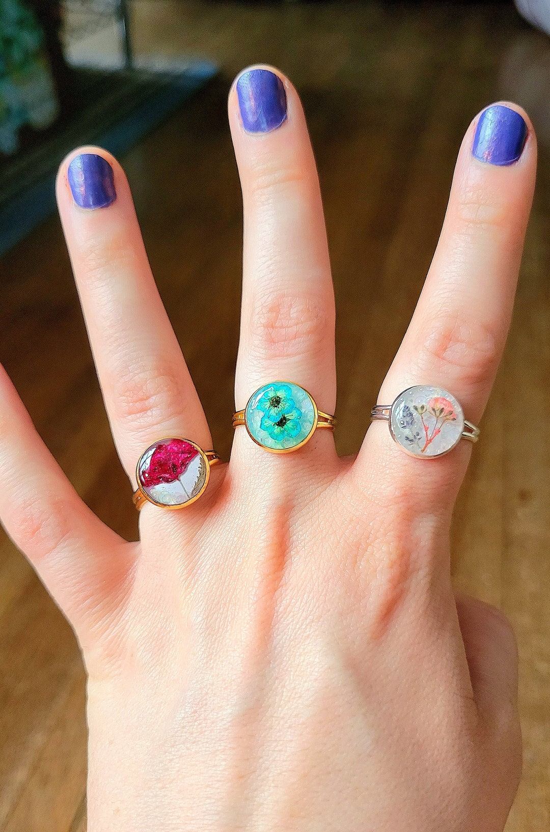 Real Flower Rings. Pressed Floral Rings. Adjustable Unique Rings. Real Flowers in Resin ...