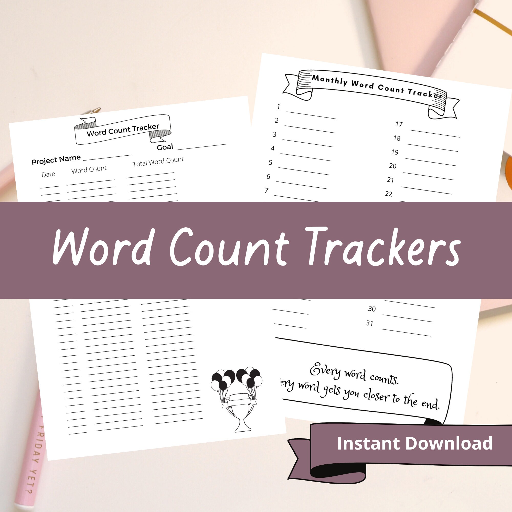 Word Count Trackers, Instant Download Planning Help for Authors and ...