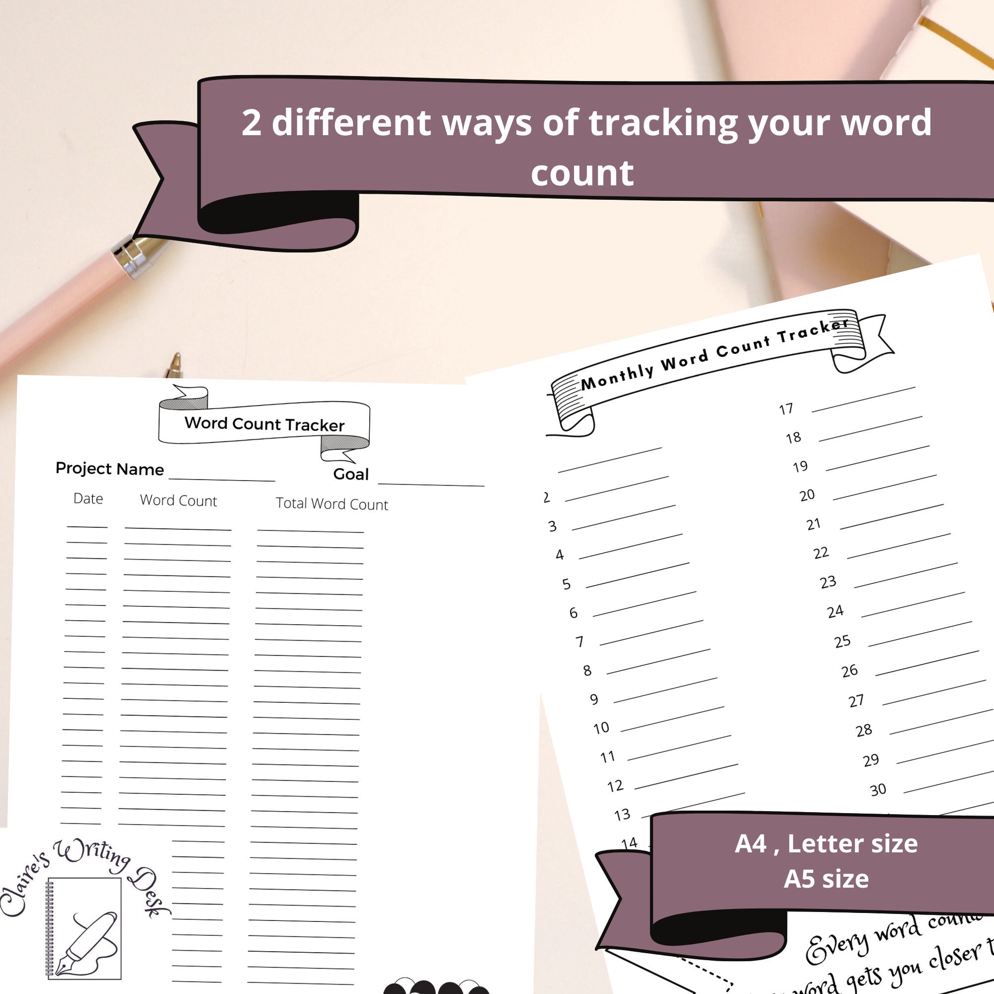 Word Count Trackers, Instant Download Planning Help for Authors and ...