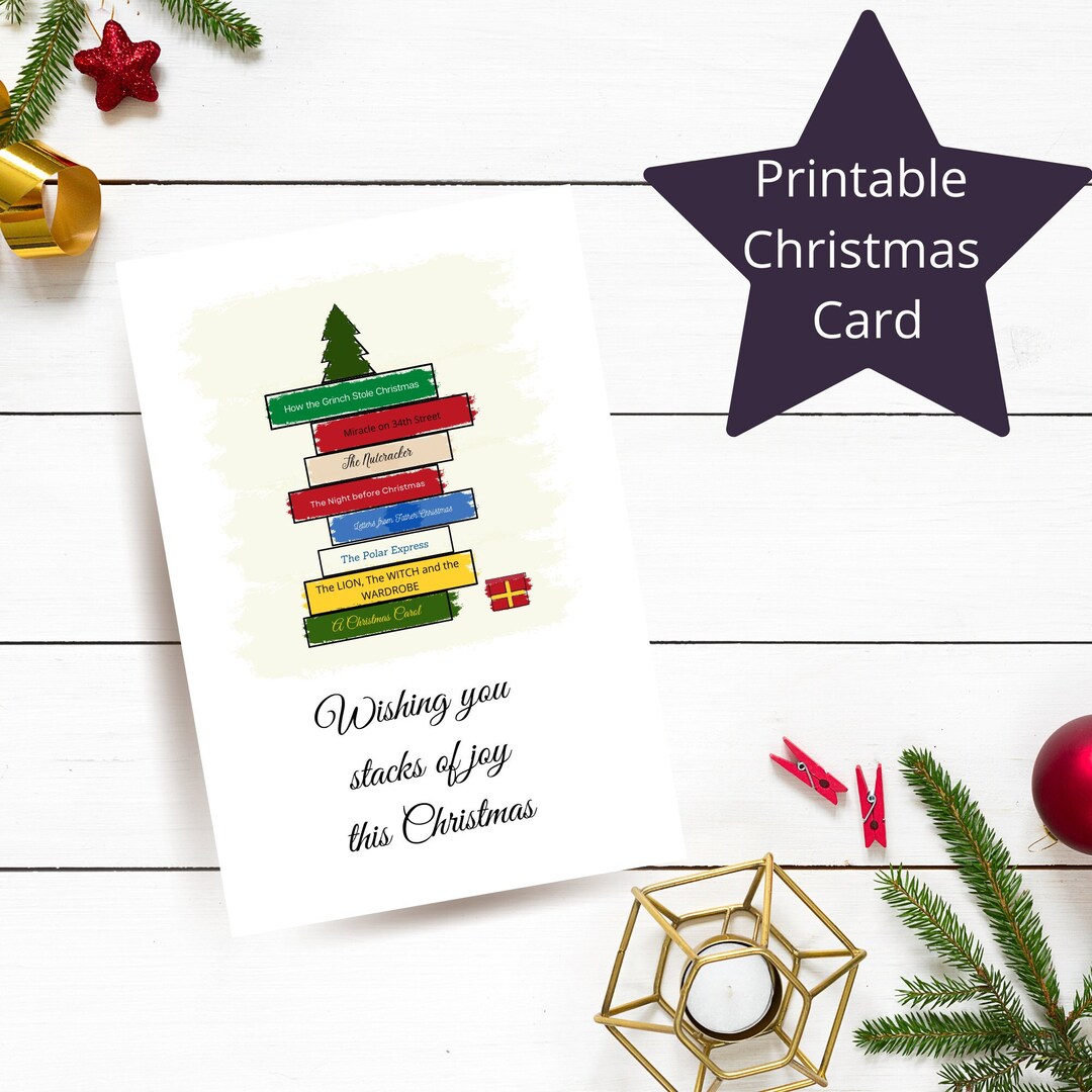 Literary Christmas Card, Book Stack Christmas Card, Printable Christmas ...