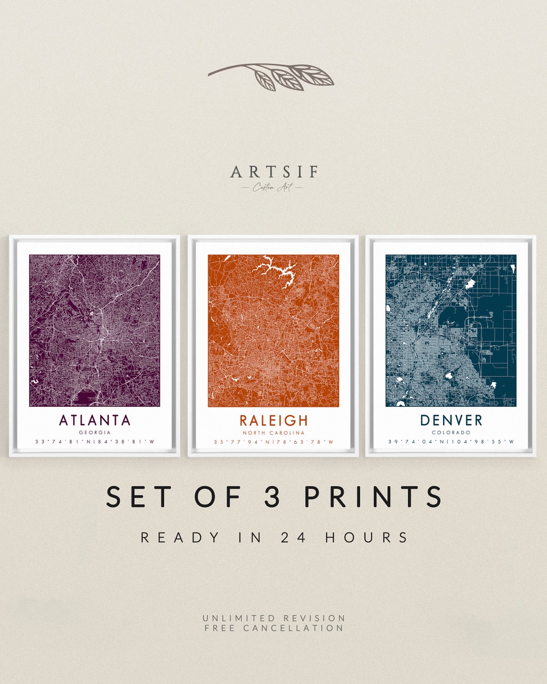 Set of 3 Prints, Any City Map, Custom Location Map, Custom Gift, Custom ...