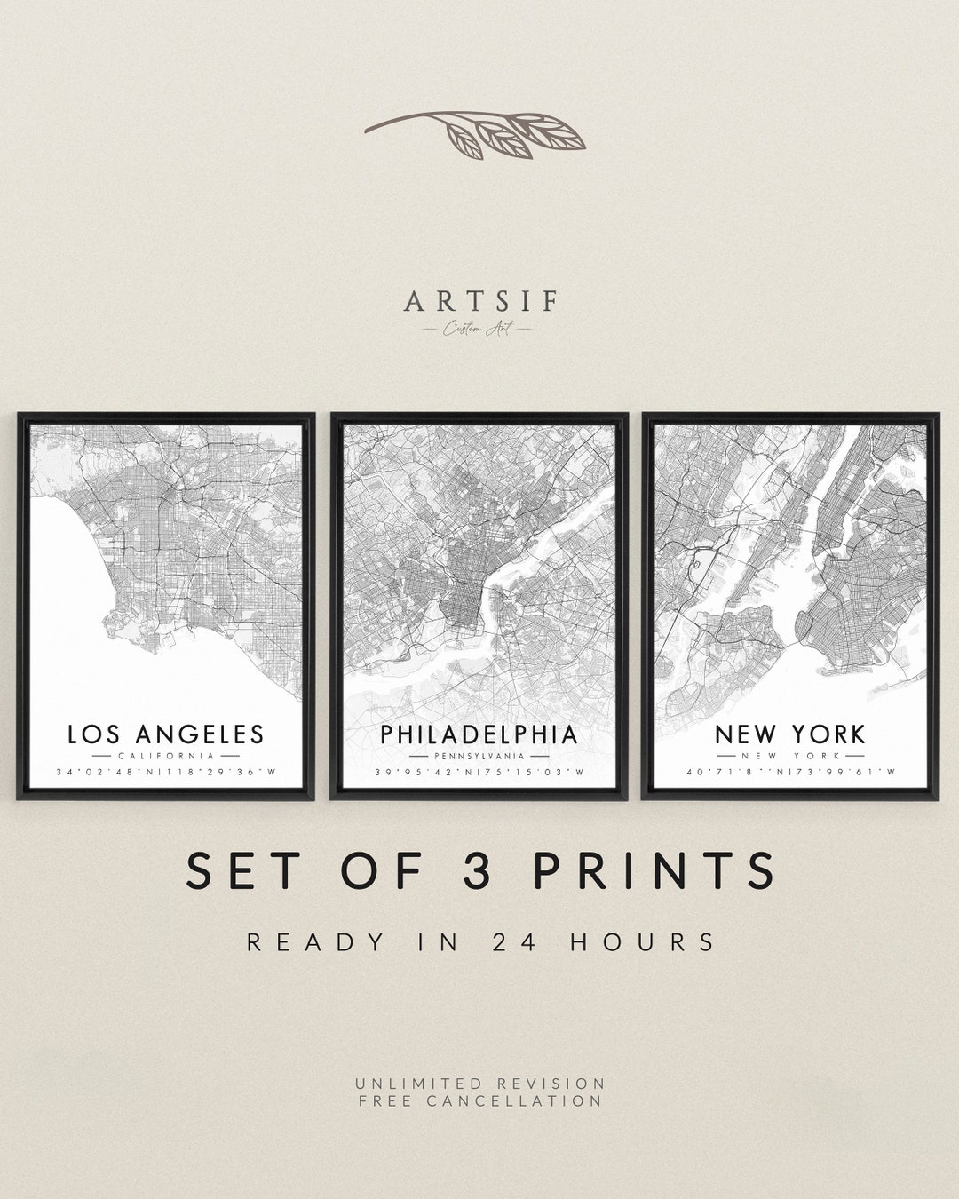 Set of 3 Prints, Custom City Map, Map Art, Modern Wall Art, Minimalist ...