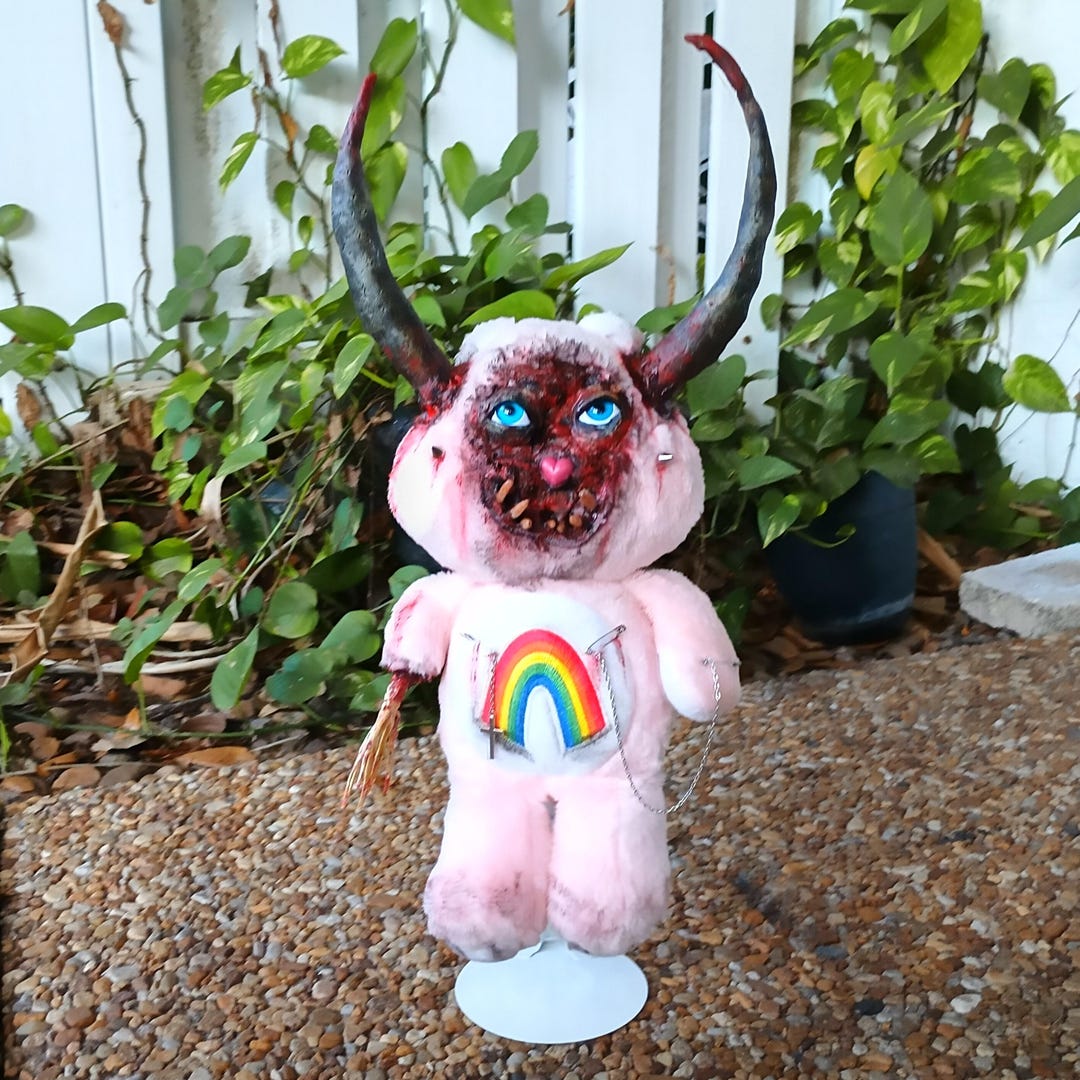 Creepy Plushies, Pink Cheer Care Bear With Horns and Rainbow, Stuffed ...