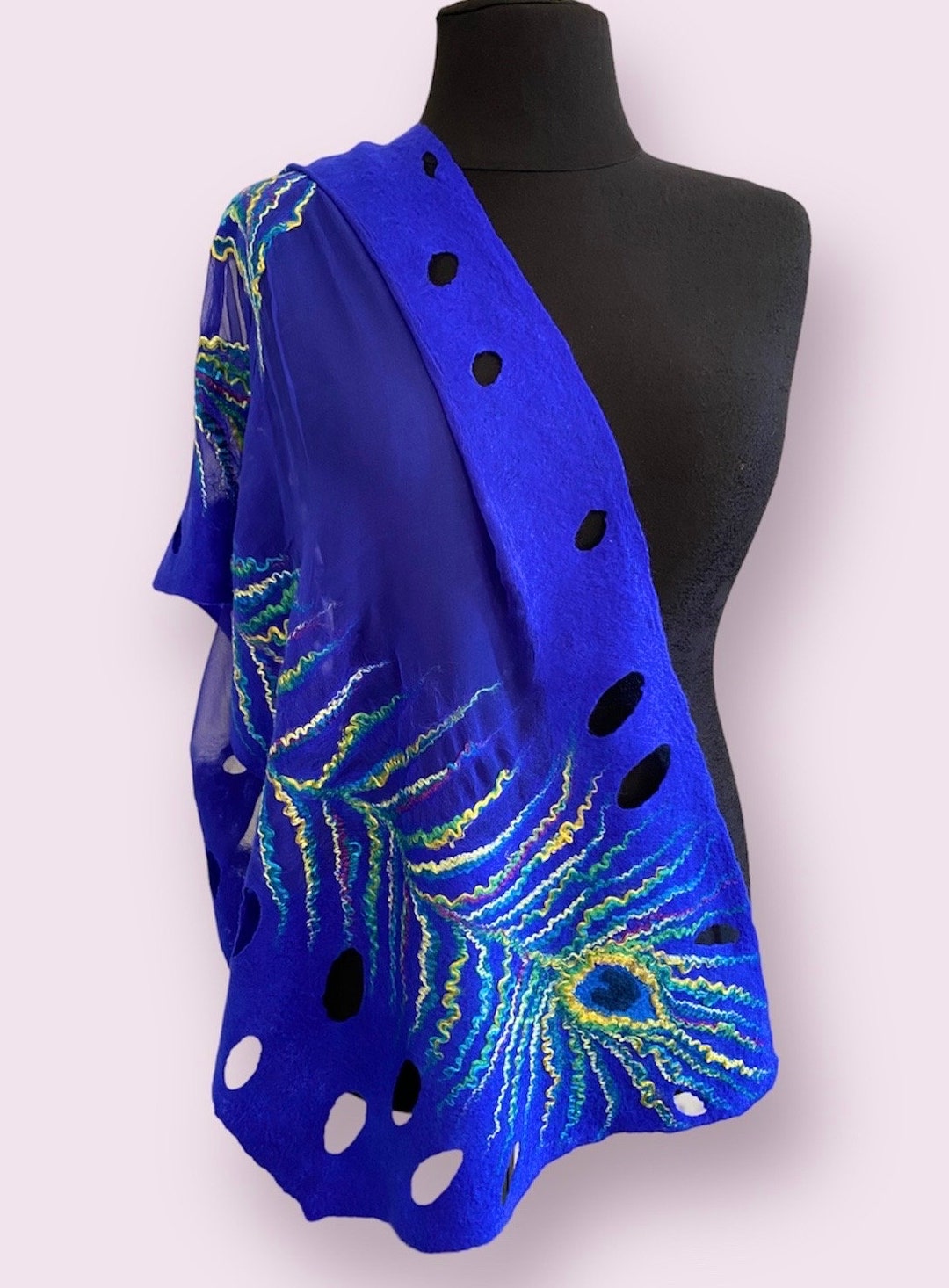 Blue Silk Scarf With Bird of Paradise Feather Wool Application ...