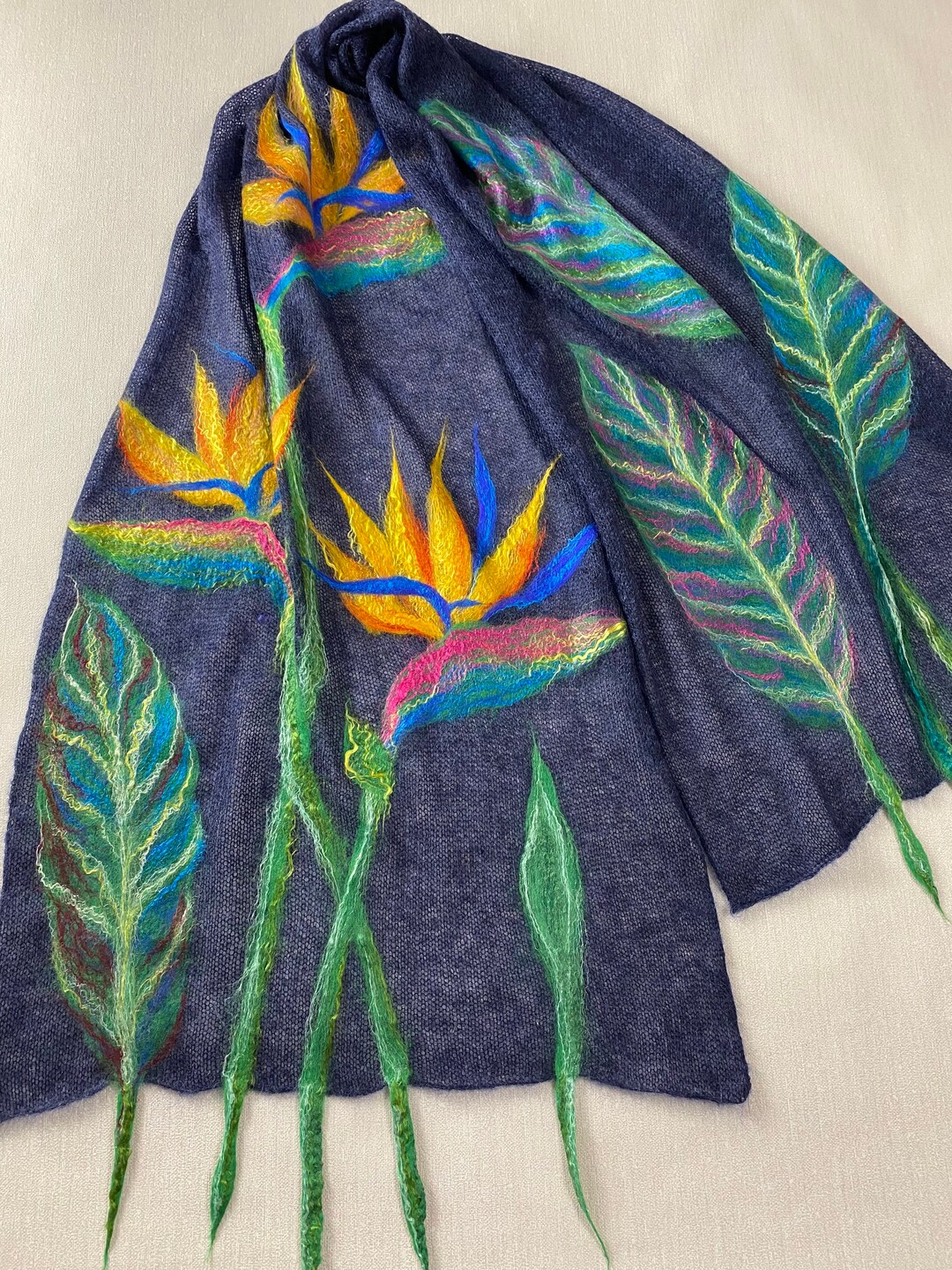 Blue Mohair Shawl Exotic Flowers,hand Knitted Scarf Felt Appliqués Gift ...