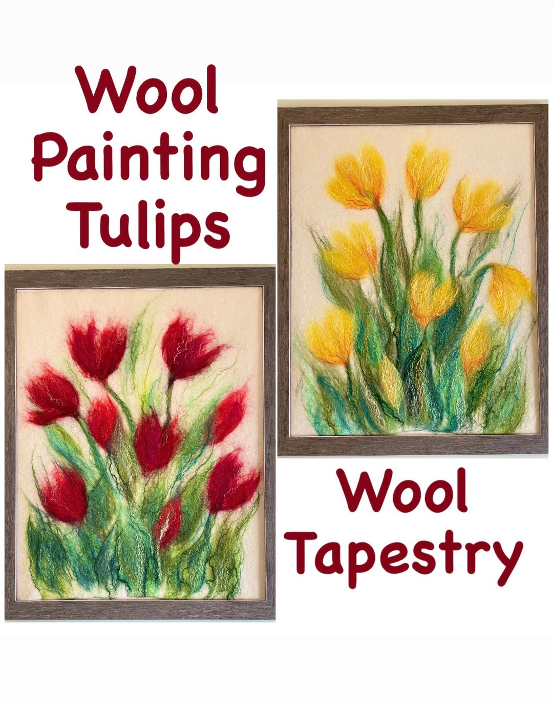 Wool Painting Red Tulips, Wool Yellow Flower Pattern, Colorful Wool ...
