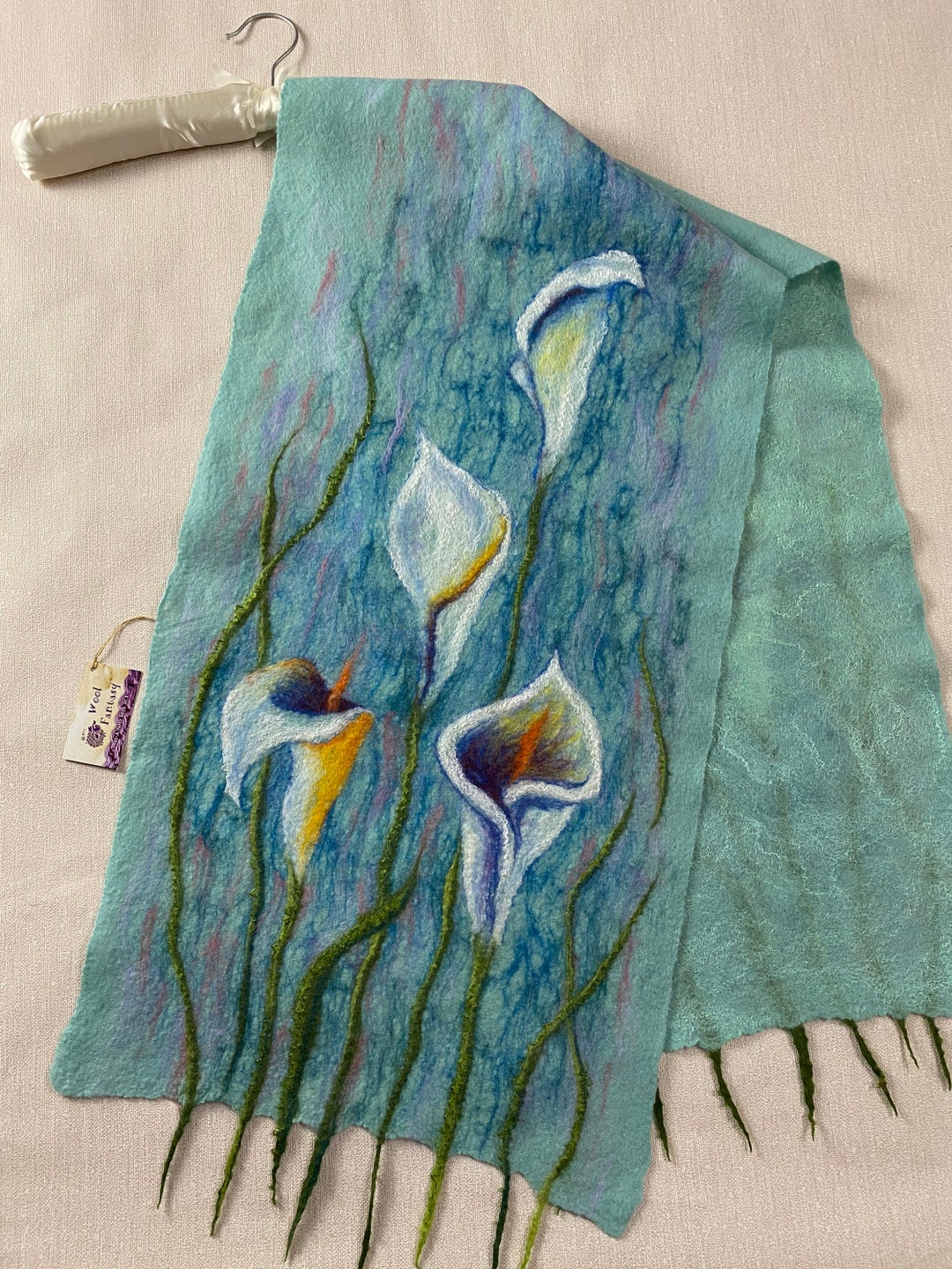 Feminine Mint Felt Scarf, Felt Shawl + Mittens, Blue Green Wool Scarf ...