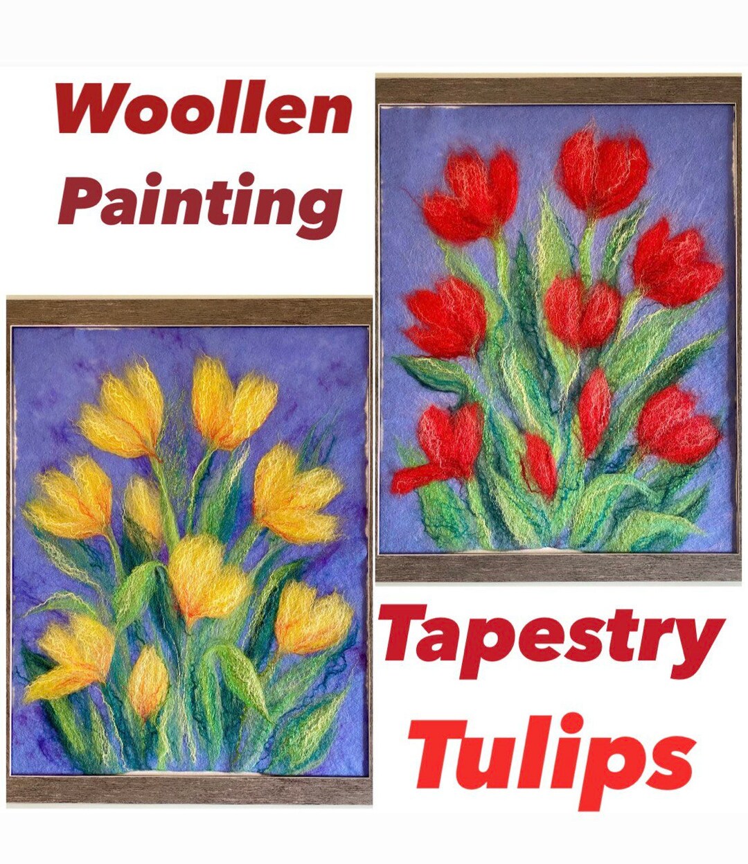 Wool Painting Red Tulips, Wool Yellow Flower Pattern, Colorful Wool ...