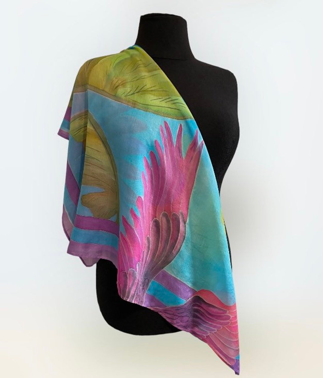Hand-painted Square Silk Scarf, Colorful Silk Shawl, Bird Pattern Scarf ...