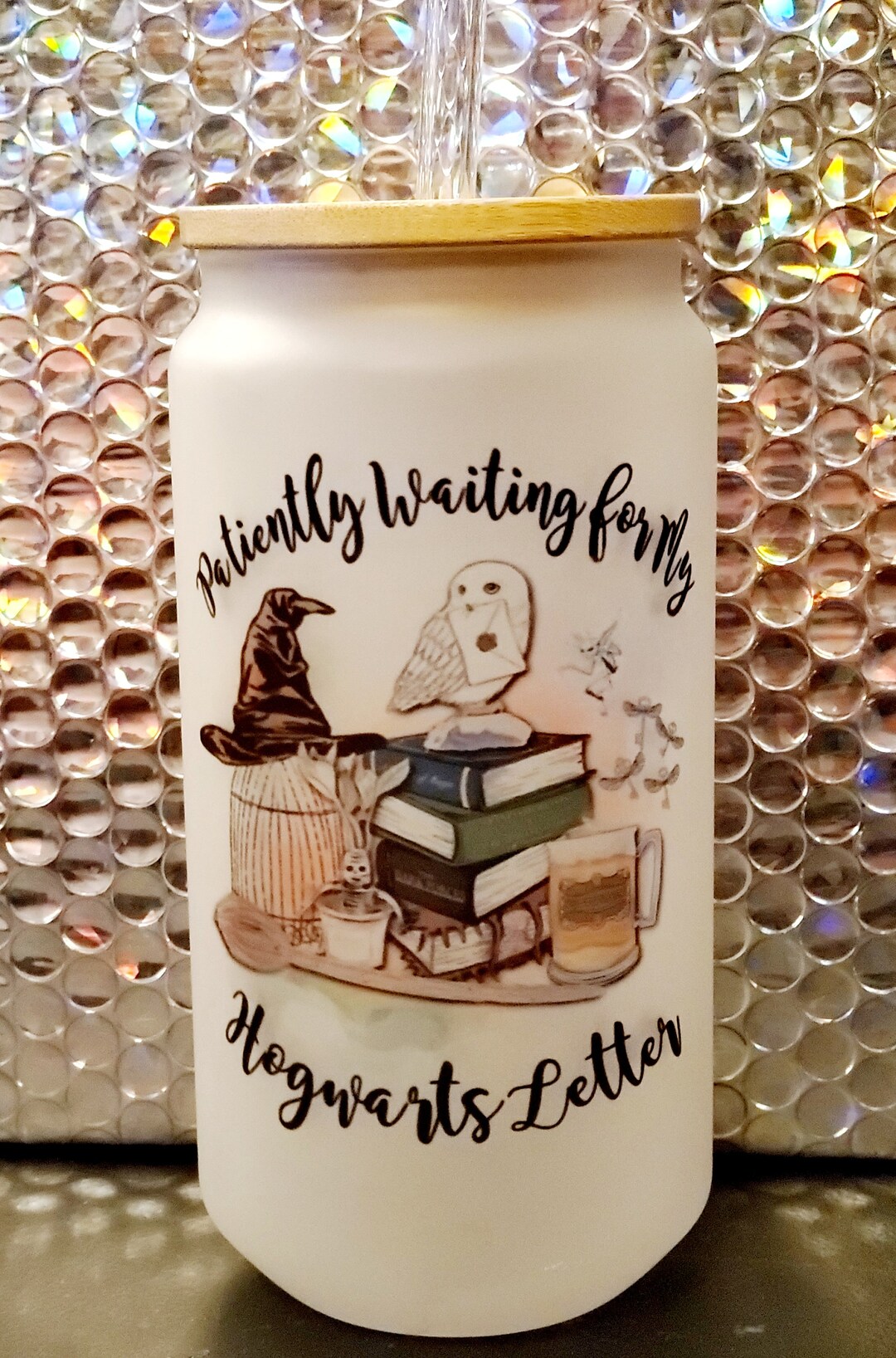 Magic Witch Wizard School Glass Can Style Cup With Lid and Glass Straw ...