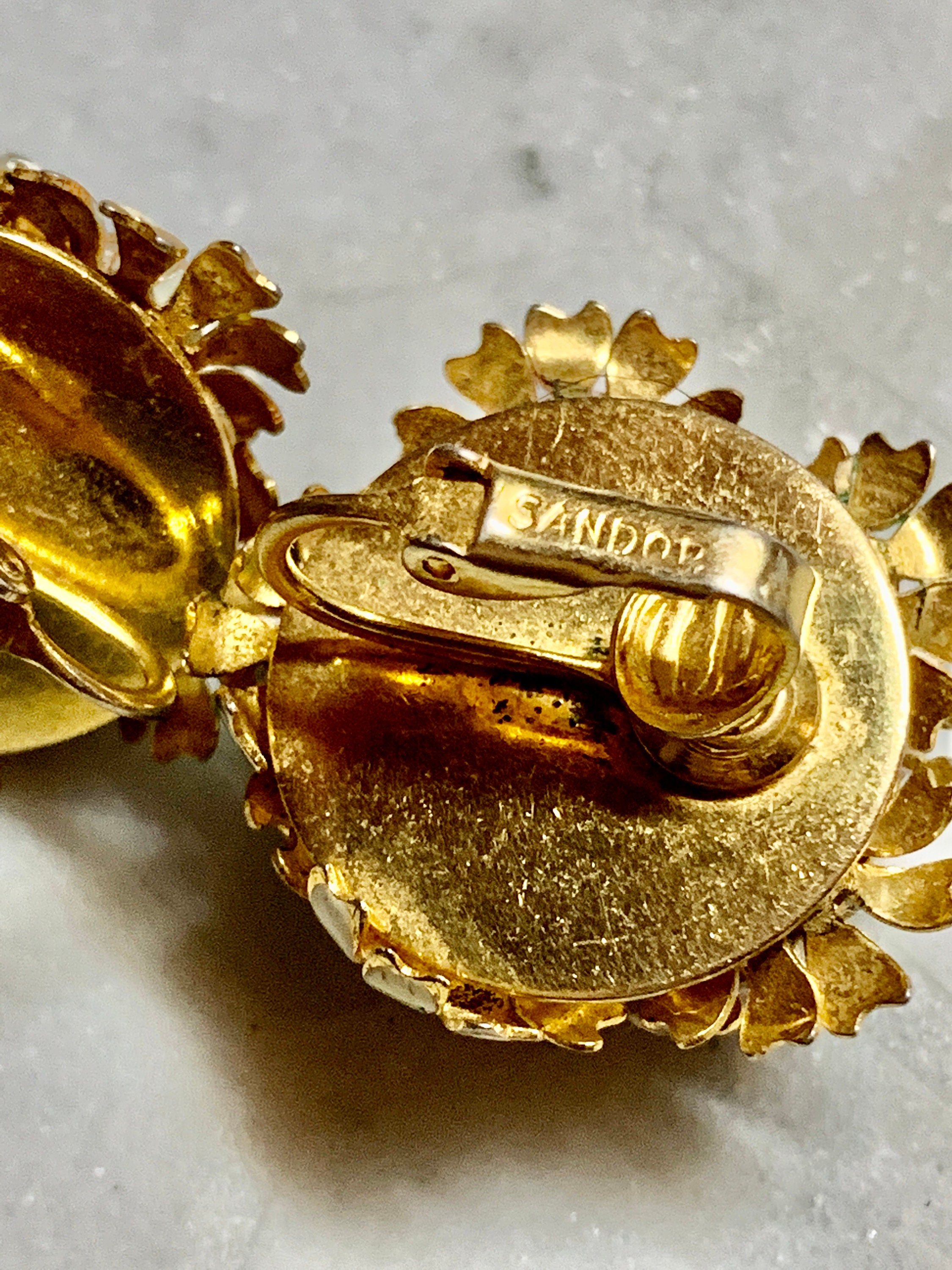 Rare and Exquisite Vintage Sandor Gold Tone and Enamel Flower Earrings ...