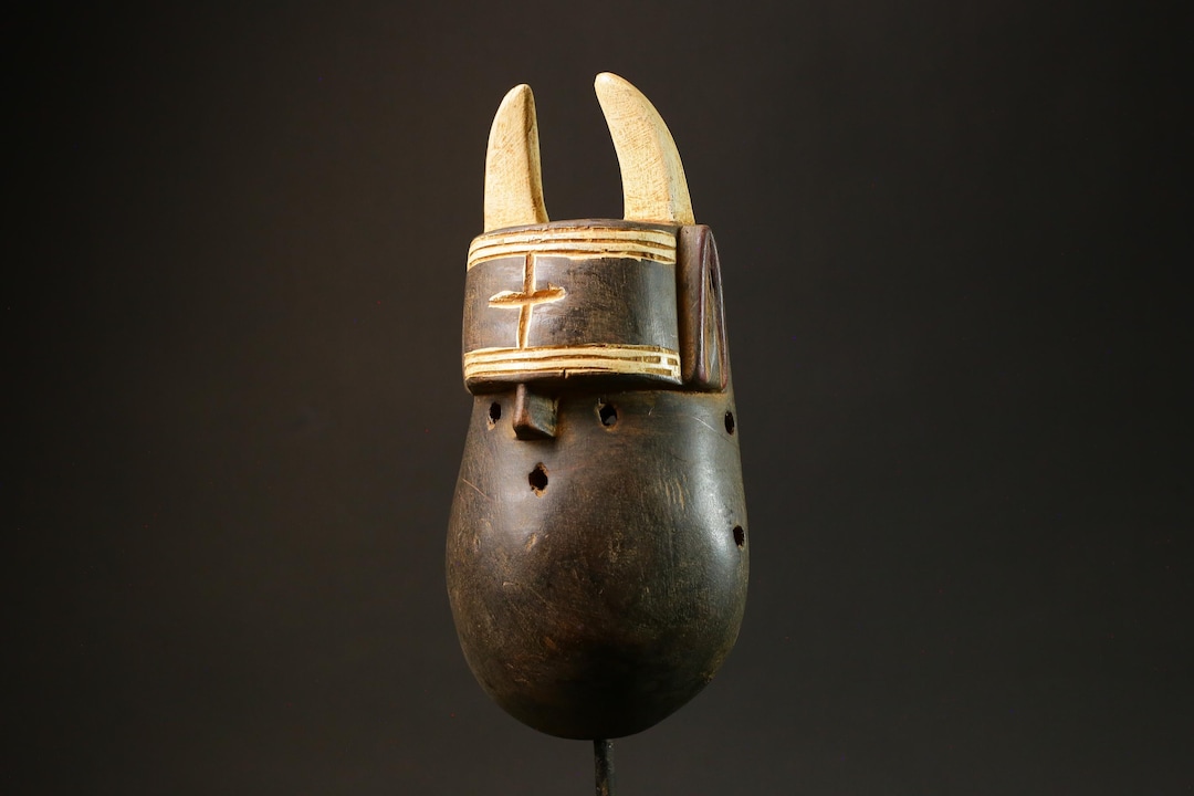 African Suku Horned Helmet Mask, DR Congo Angola Tribal Wood Sculpture ...