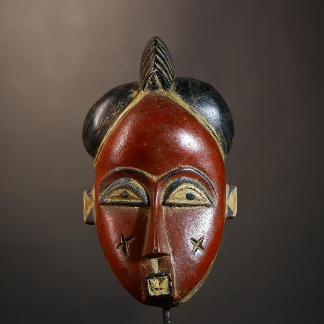 African Baule Mask Red Face Tribal Wall Art With Cross Scarification ...