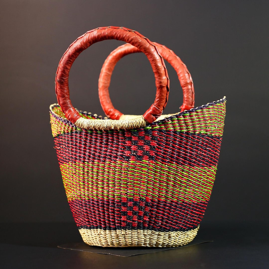 Handwoven Bolga Market Basket: Red Leather Handle, Ghana Straw Tote ...