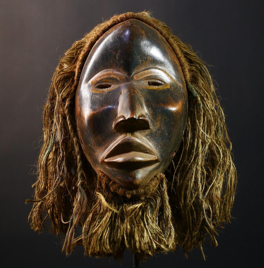 Dan Tribal African Mask With Raffia Beard and Hair Handcarved Wood Wall ...