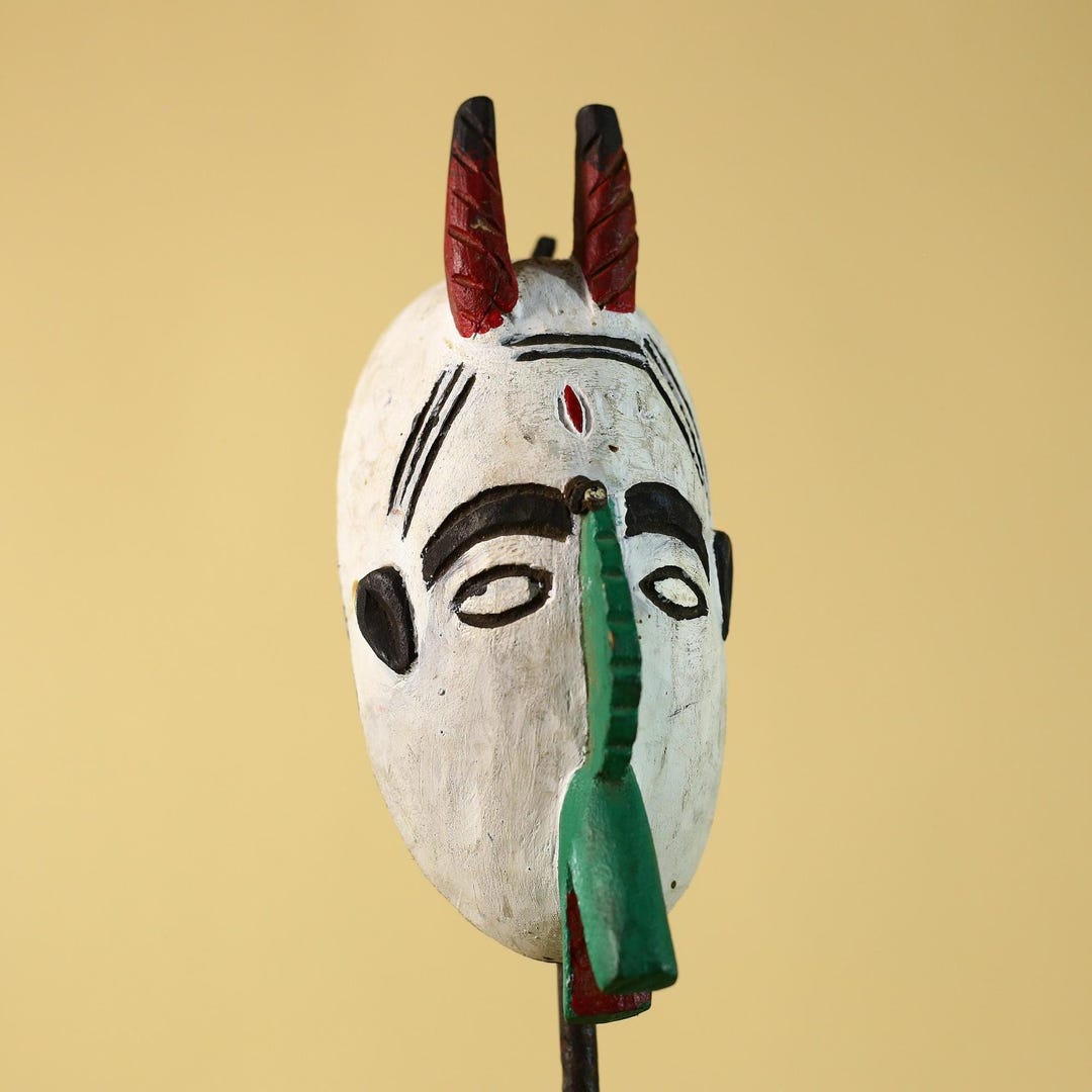 African Horned Mask Hand Carved Tribal Ritual Wall Art Wooden Decor ...