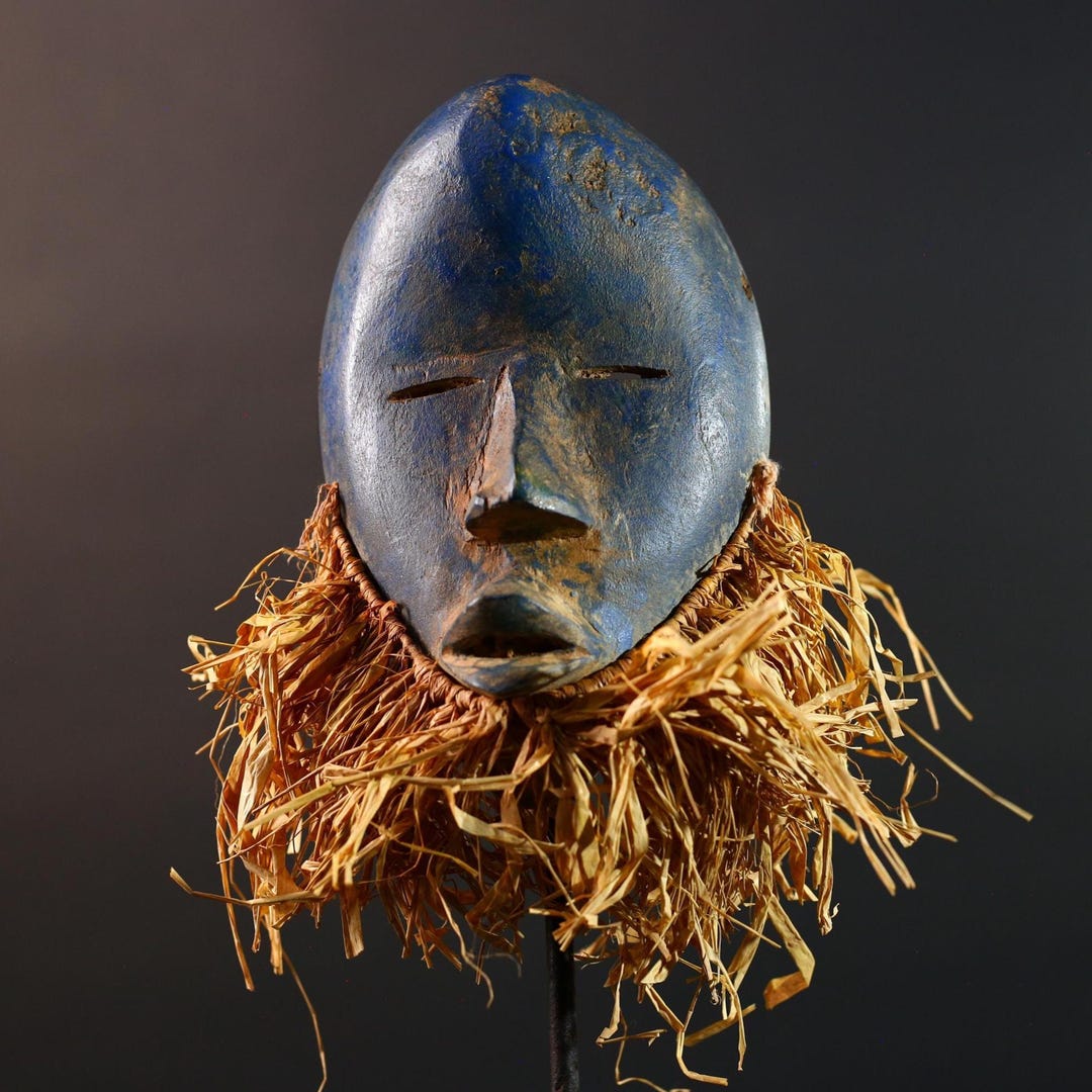 Dan Mask: Blue African Mask With Raffia Fringe - Côte D’ivoire Tribal ...