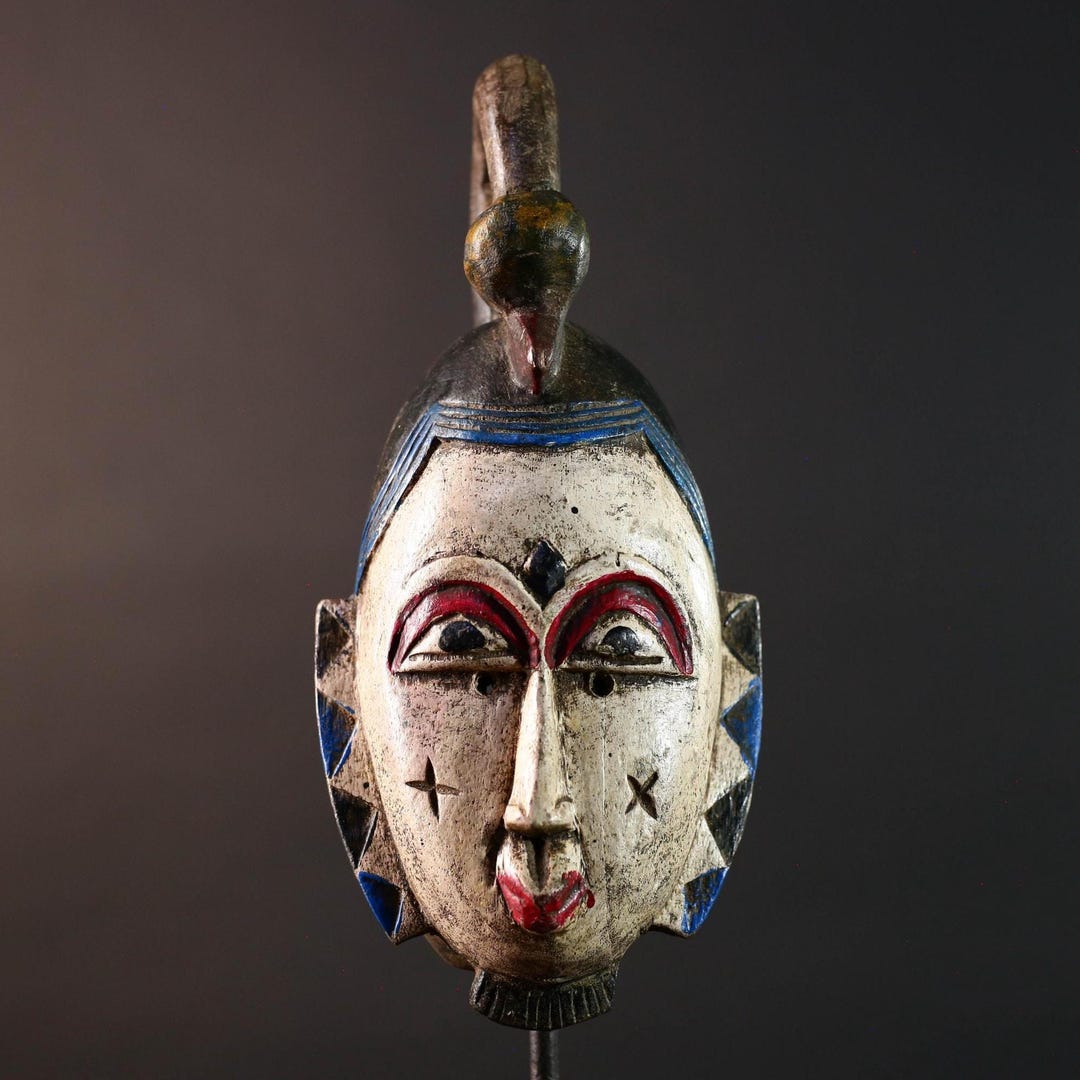 African Mask Guro Tribe White Face Carved Wood With Red Eyes Black ...