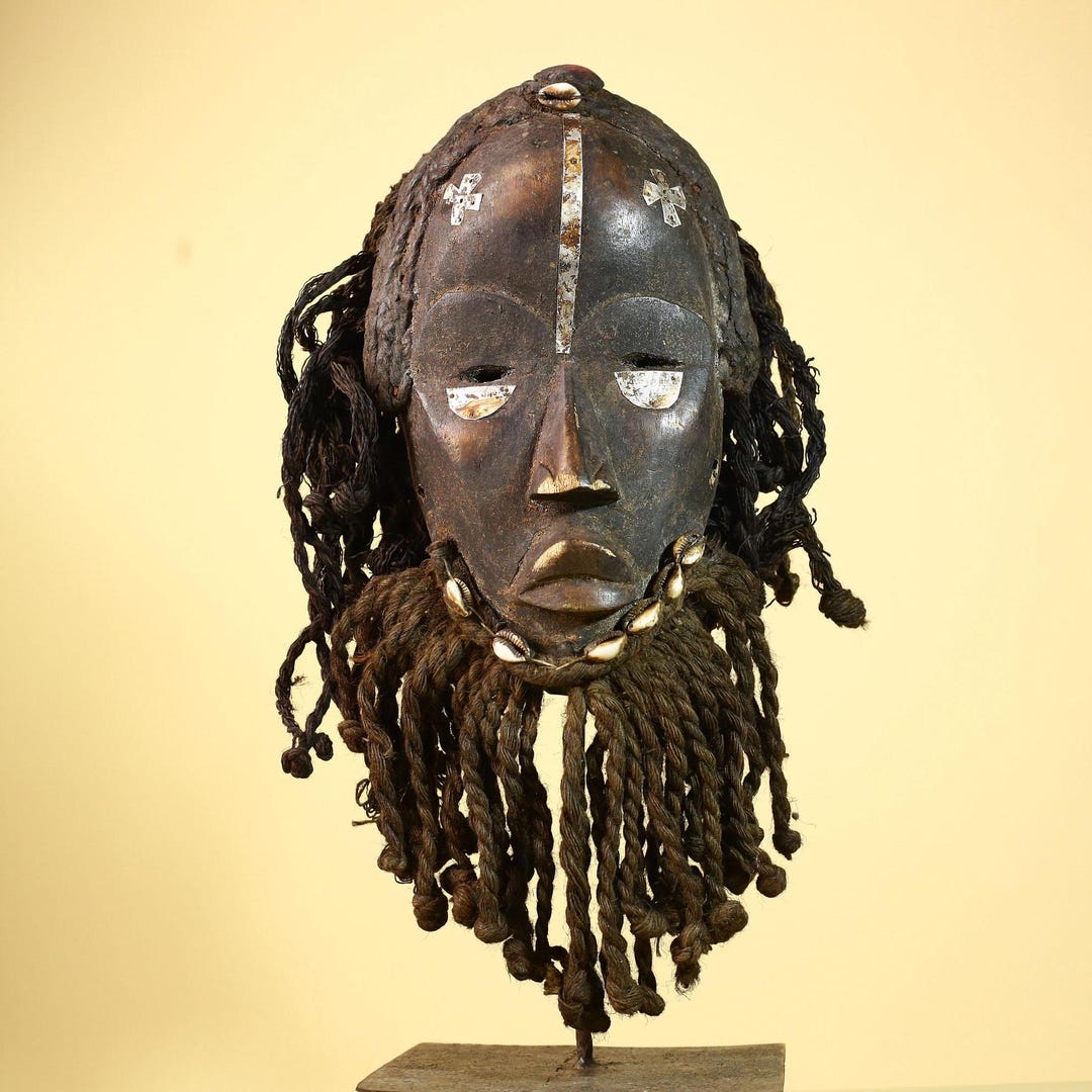 Antique Dan African Mask With Fiber Beard & Cowrie Details Tribal Wood ...