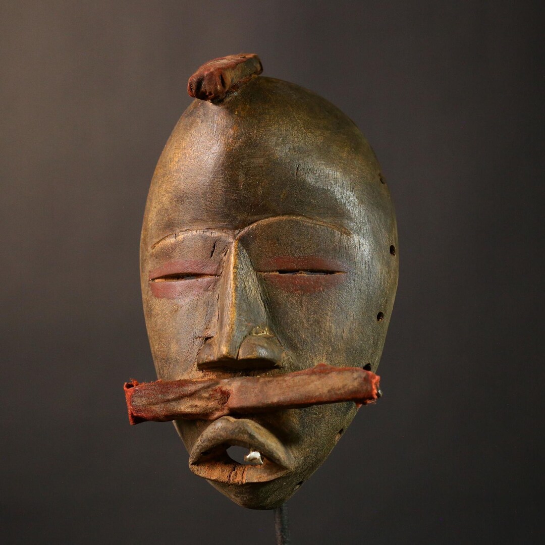 African Lega Mask Tribal Art With Ritual Mouth Stick Bwami Congo Carved ...