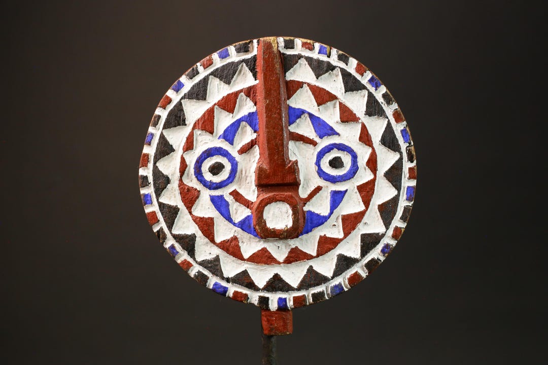 African Bwa Sun Mask, Red-white-blue Round Wall Décor, Hand-carved Wood ...