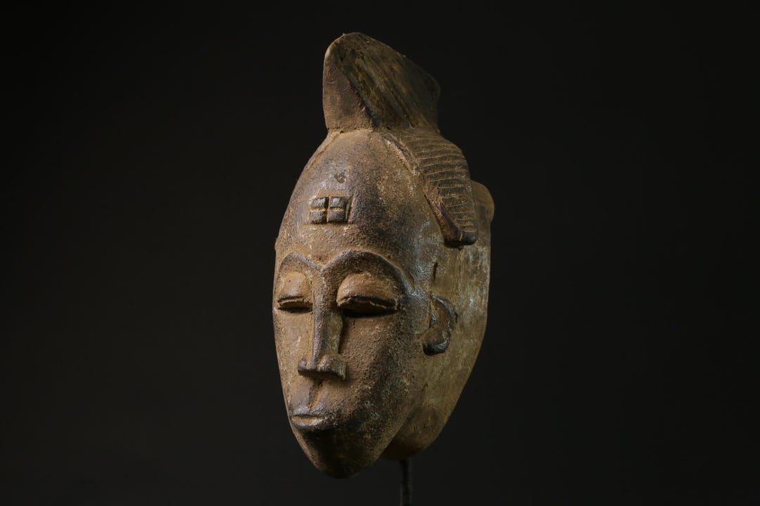 African Mask Antiques Tribal Face Vintage Wood Carved Hanging Baoulé ...