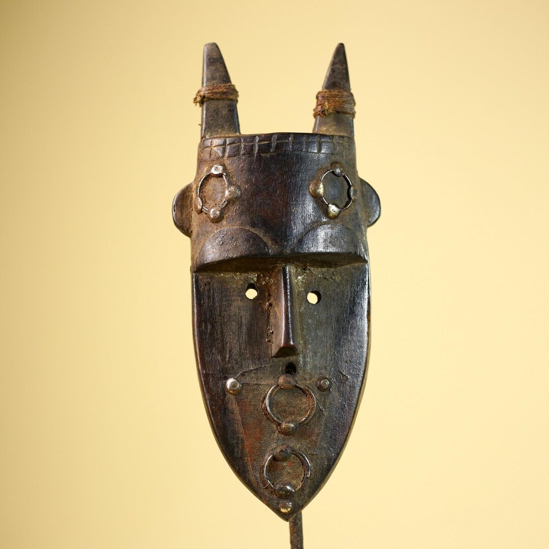 African Tribal Mask Carved Wood Horned Crest Côte D’ivoire Wall Decor ...