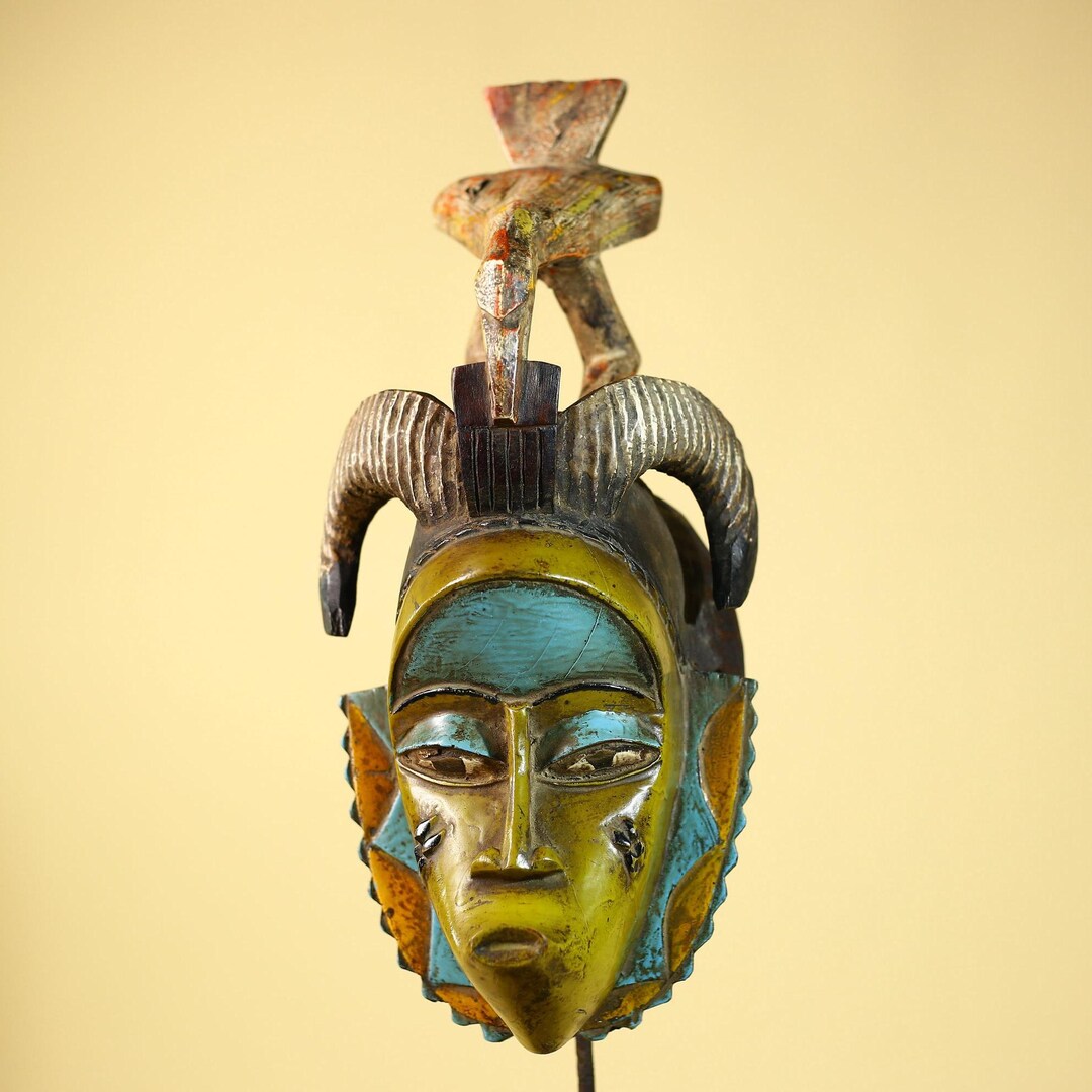African Guro Face Mask Ram Horns & Bird Crest Hand Carved Tribal Art ...