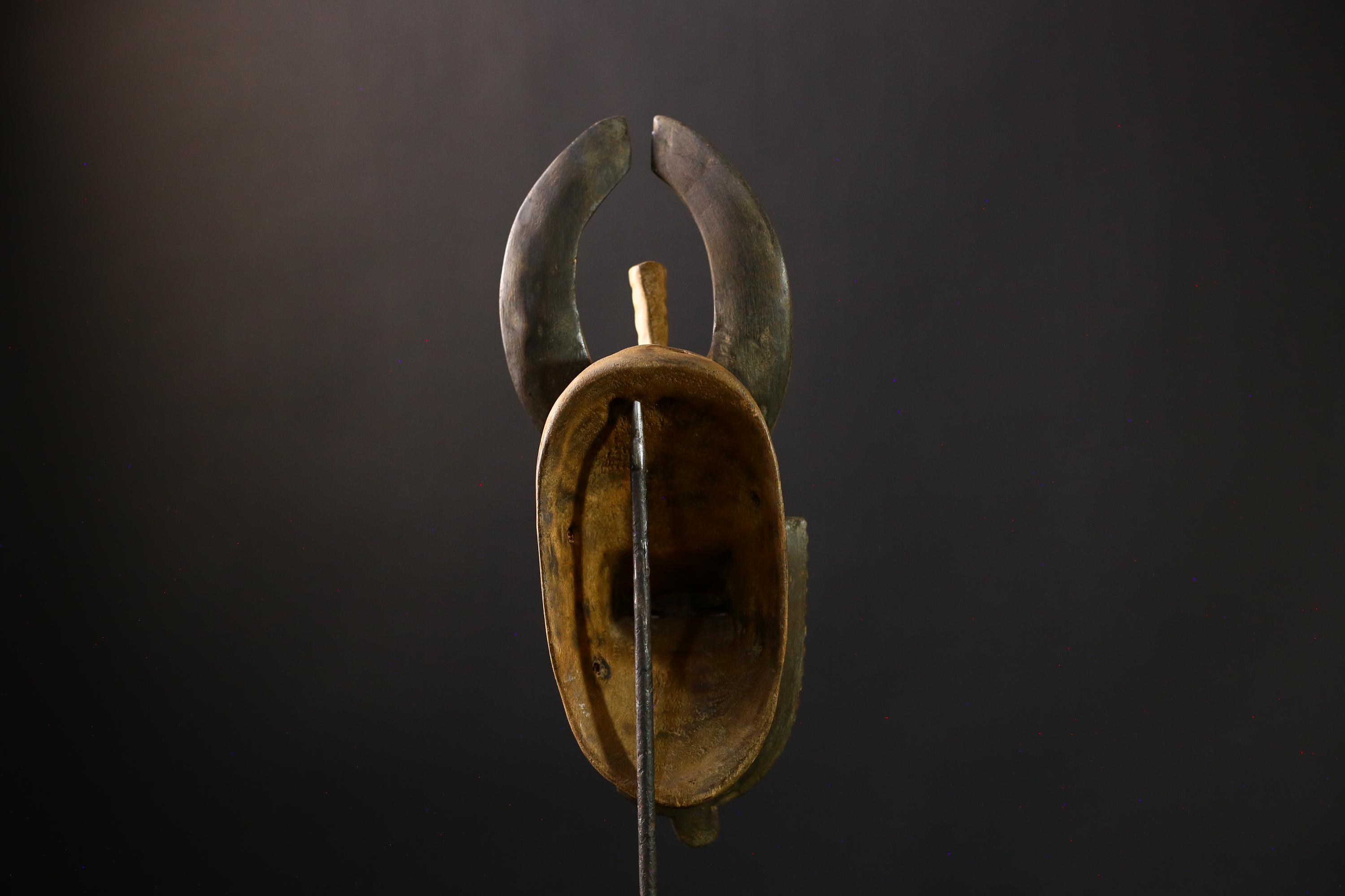Hand Carved Baule Mask: African Tribal Art, Horned Crest, Red & Yellow ...