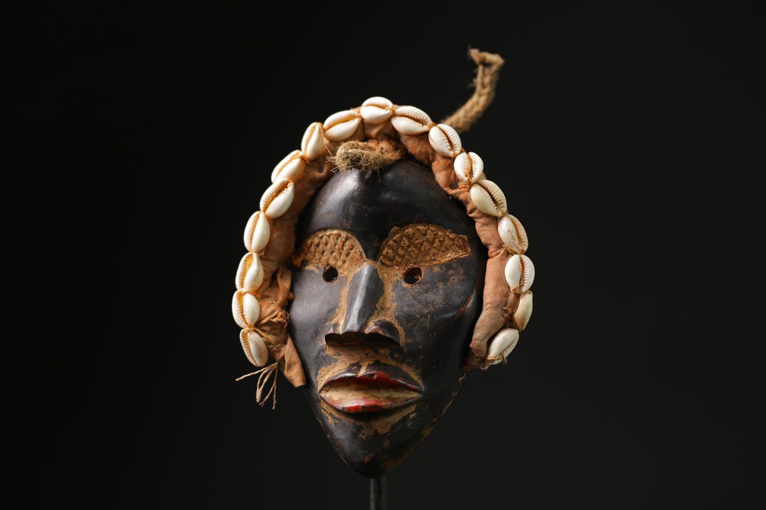 African Tribal Wood Mask With Cowrie Shells | Handcrafted Dan Male Mask ...