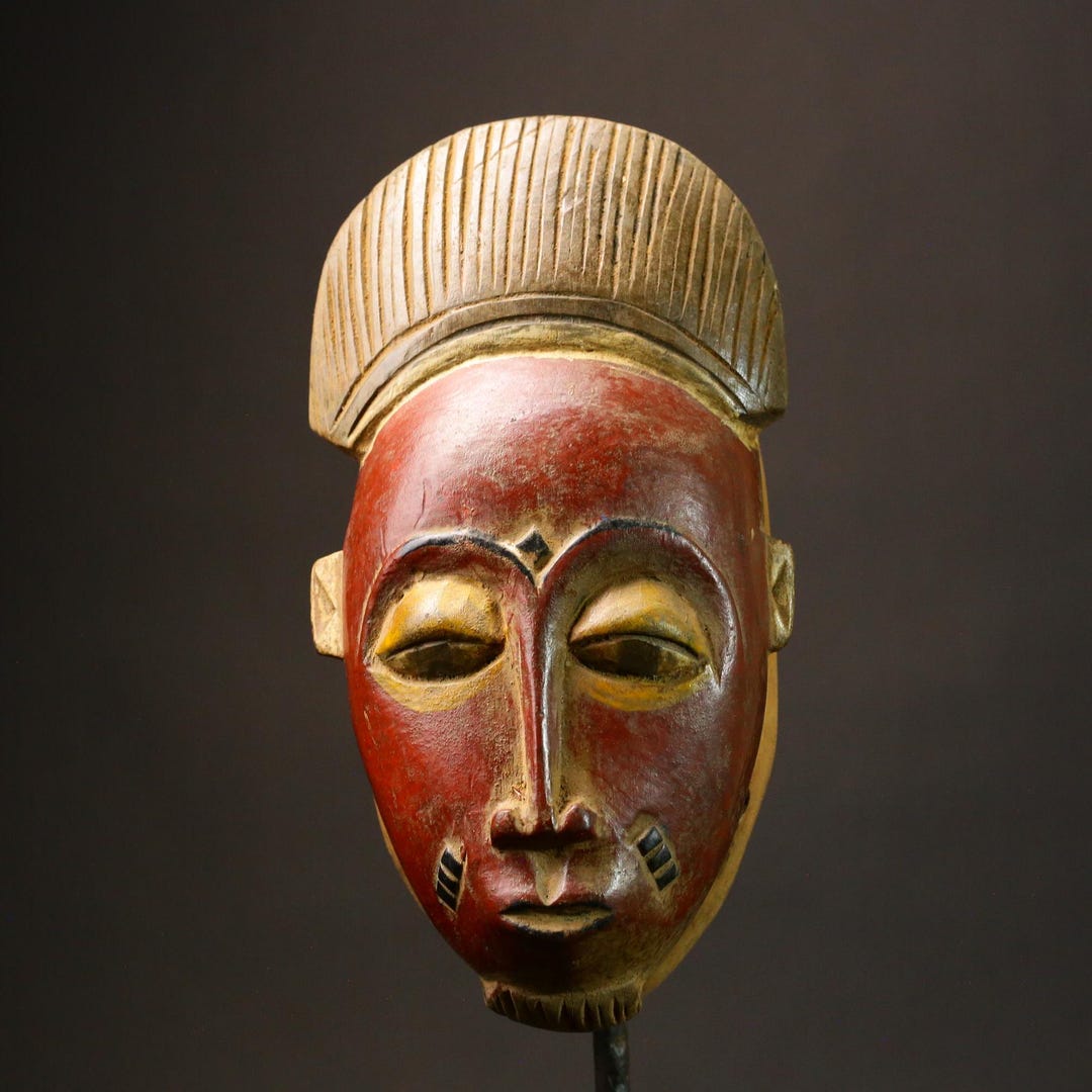 African Guro Mask Red Tribal Face Wall Decor Carved Wood Art From Côte ...