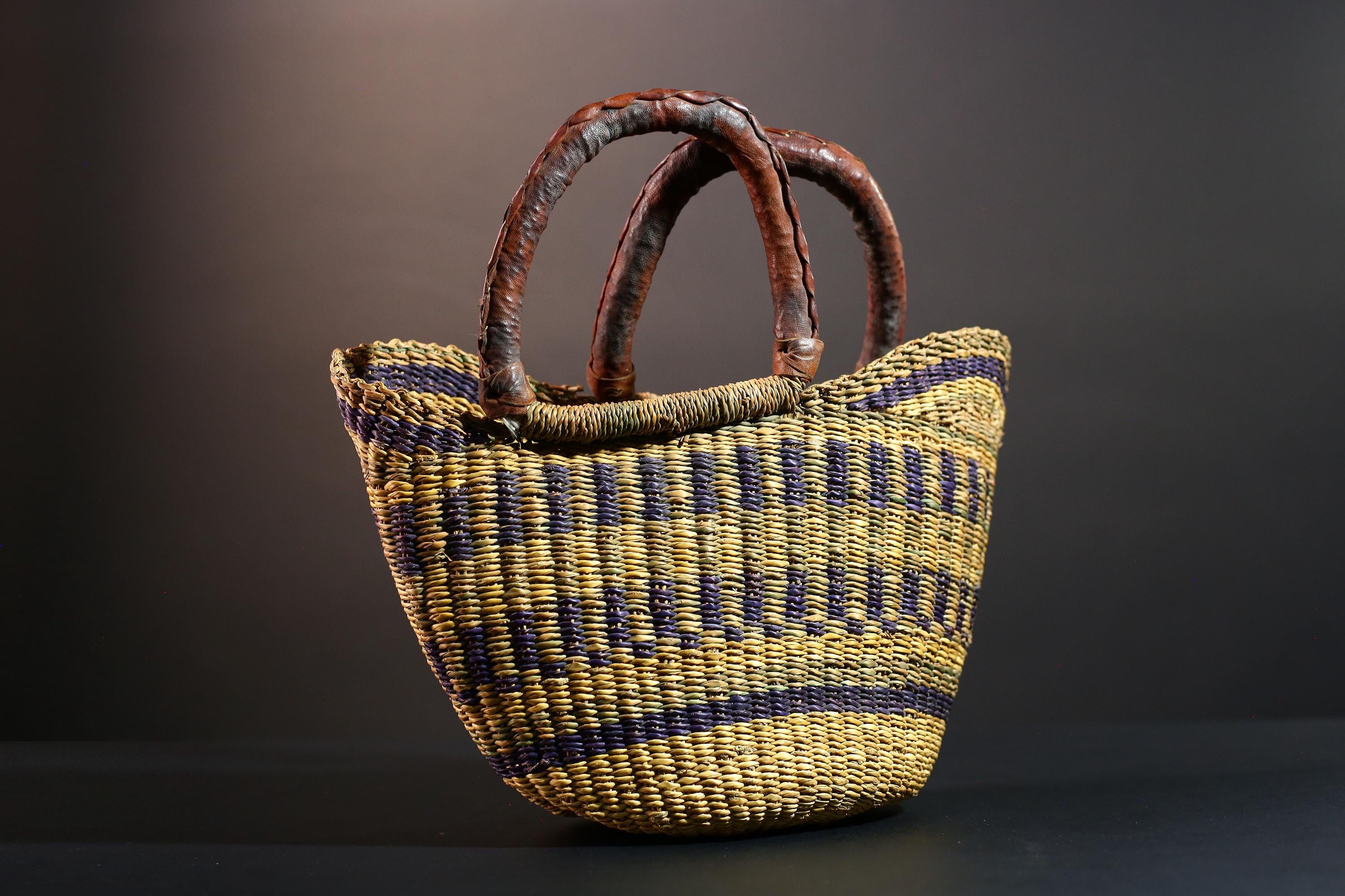 Handwoven Bolga Basket: African Market Tote With Leather Handles-g5558 ...