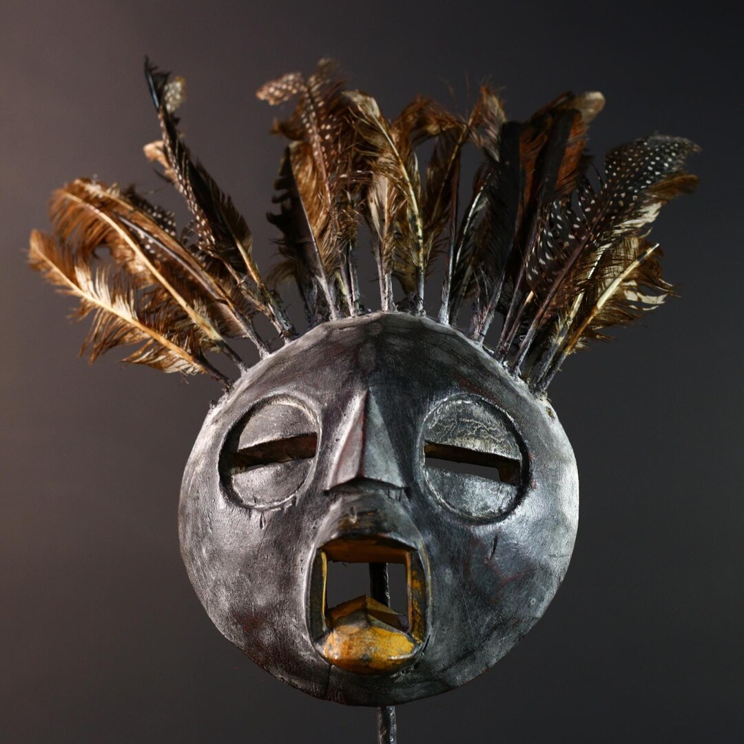 Bobo Tribal Feathered Mask African Wall Decor From Burkina Faso Round ...